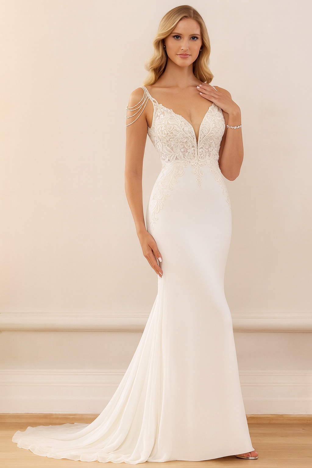 Vestido de novia Rose estilo trompeta con aplicaciones en los hombros ...